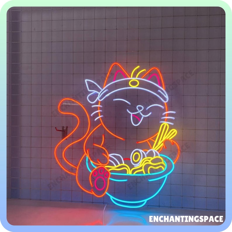 Cat Eating Ramen Neon Sign, Cat Ramen Led Sign Decor, Japanese Ramen ...