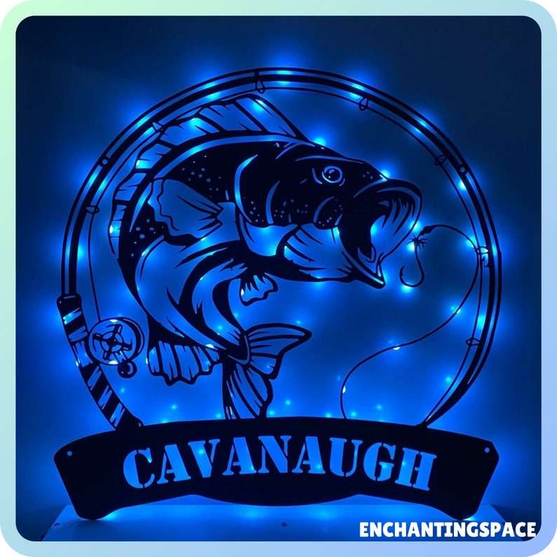 Personalized Fish Metal Wall Art LED Light, Personalized Fishing Name ...