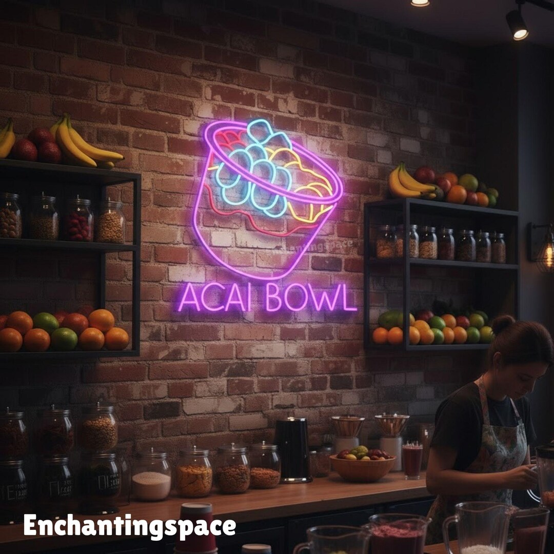 Acai Bowl Neon Sign, Open Smoothie Bar LED Wall Light, Healthy Juice ...