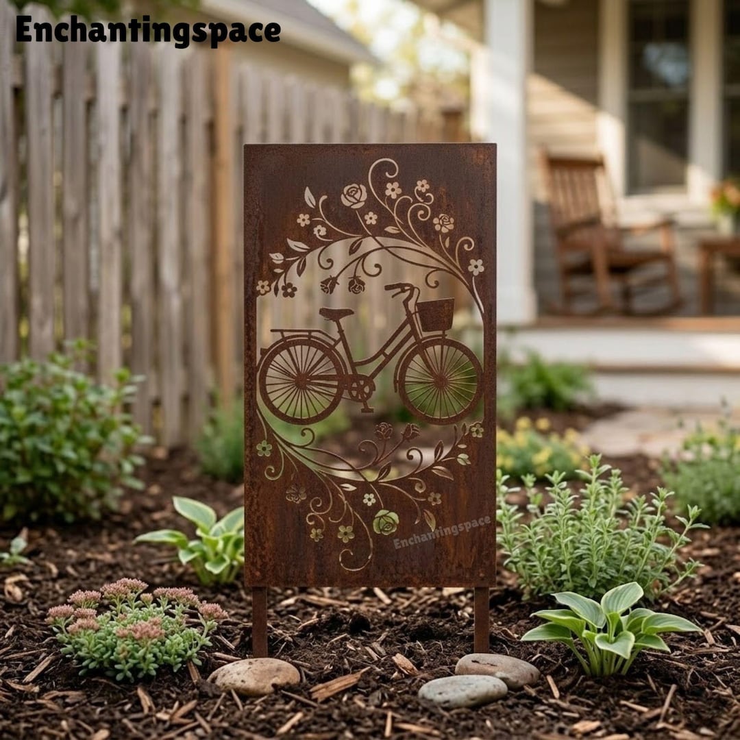 Bicycle Silhouette Metal Garden Panel, Rustic Steel Outdoor Yard Stake ...