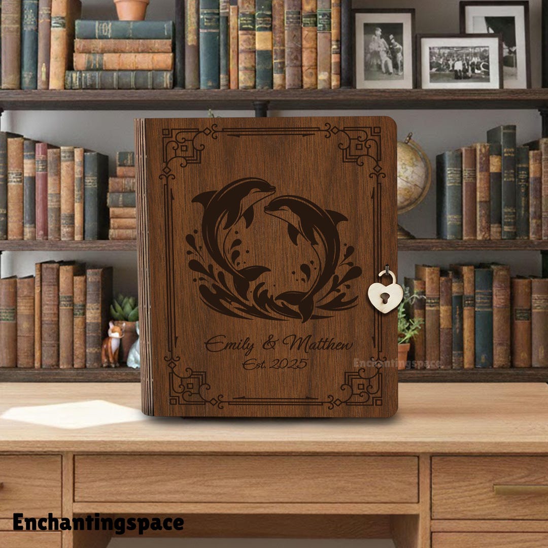 Engraved Wooden Memory Book Box With Dolphin Couple, Personalized Ocean ...