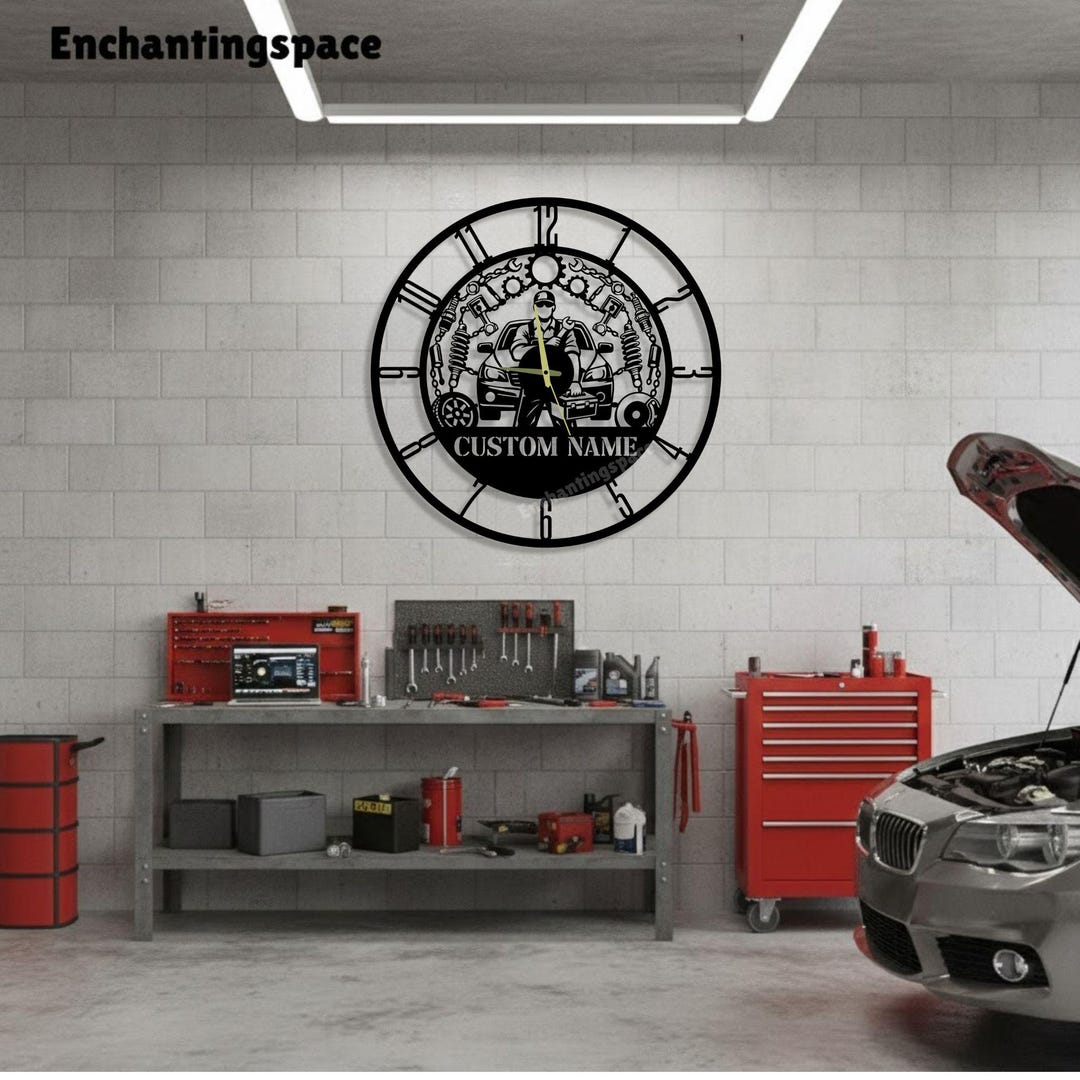 Personalized Mechanic Metal Wall Clock, Custom Name Garage Wall Decor ...