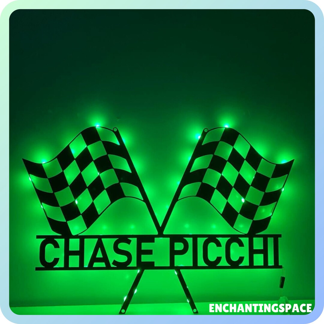 Customized Race Car Flags Metal Wall Art LED Light, Personalized Car ...