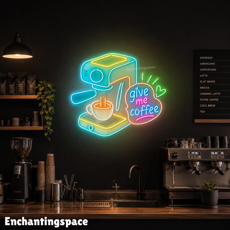 Coffee Machine Neon Sign, Caffeine Hub LED Wall Light for Cafe or ...