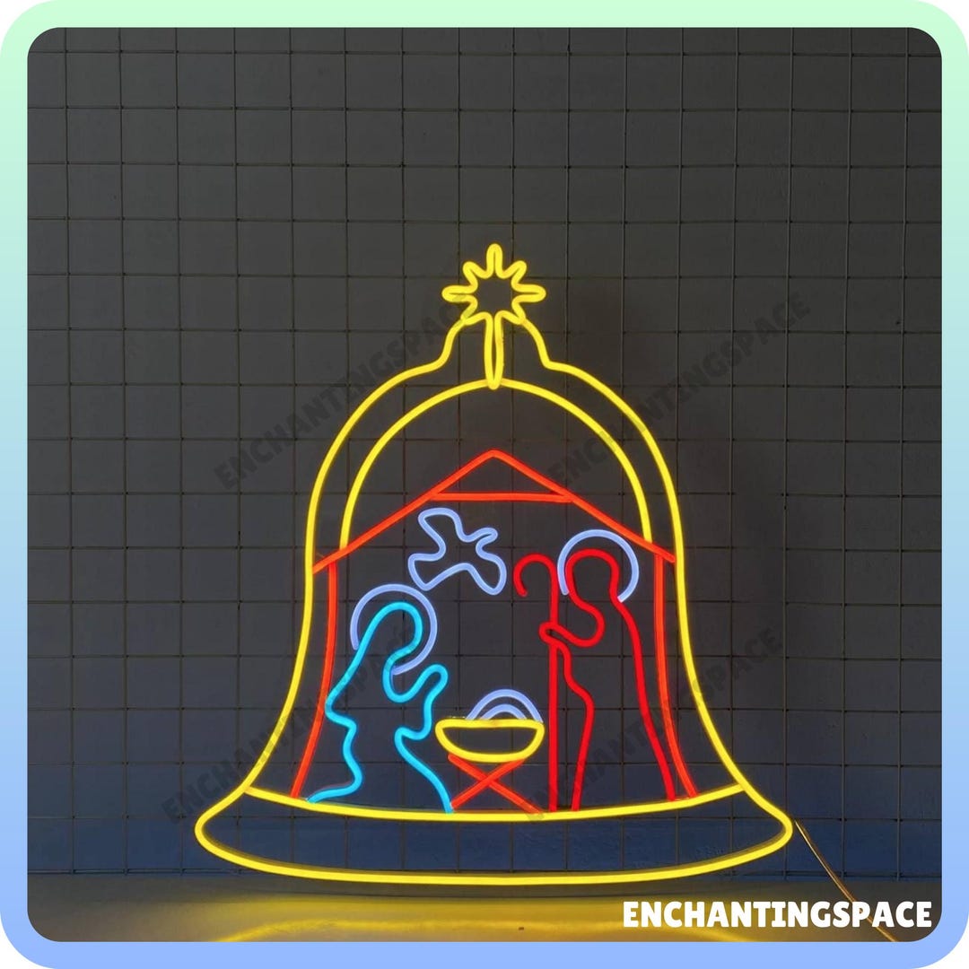 Nativity Scene Bell Neon Sign, Holy Family Led Light, Silent Night Sign ...