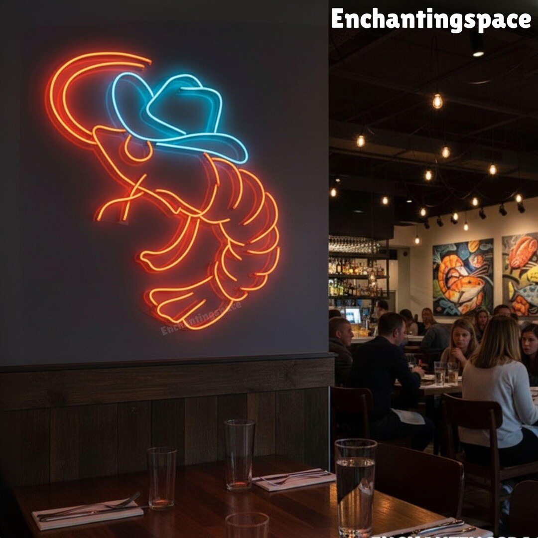 Cowboy Shrimp Neon Sign, Shrimp Cowboy Hat Led Light, Sea Animal Cowboy ...