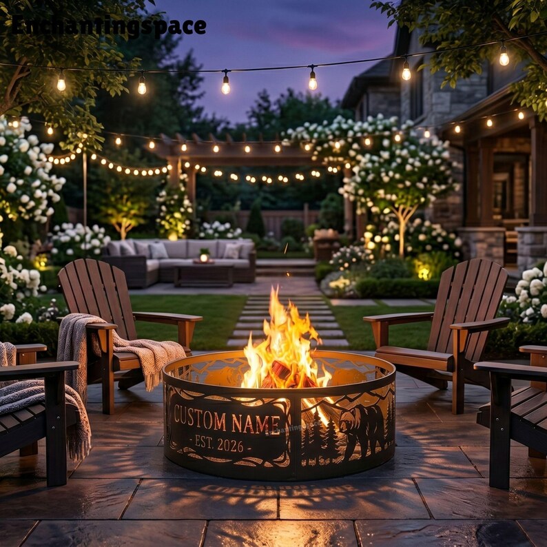 Personalized Woodland Bear Fire Ring, Rustic Mountain Campfire Pit for ...