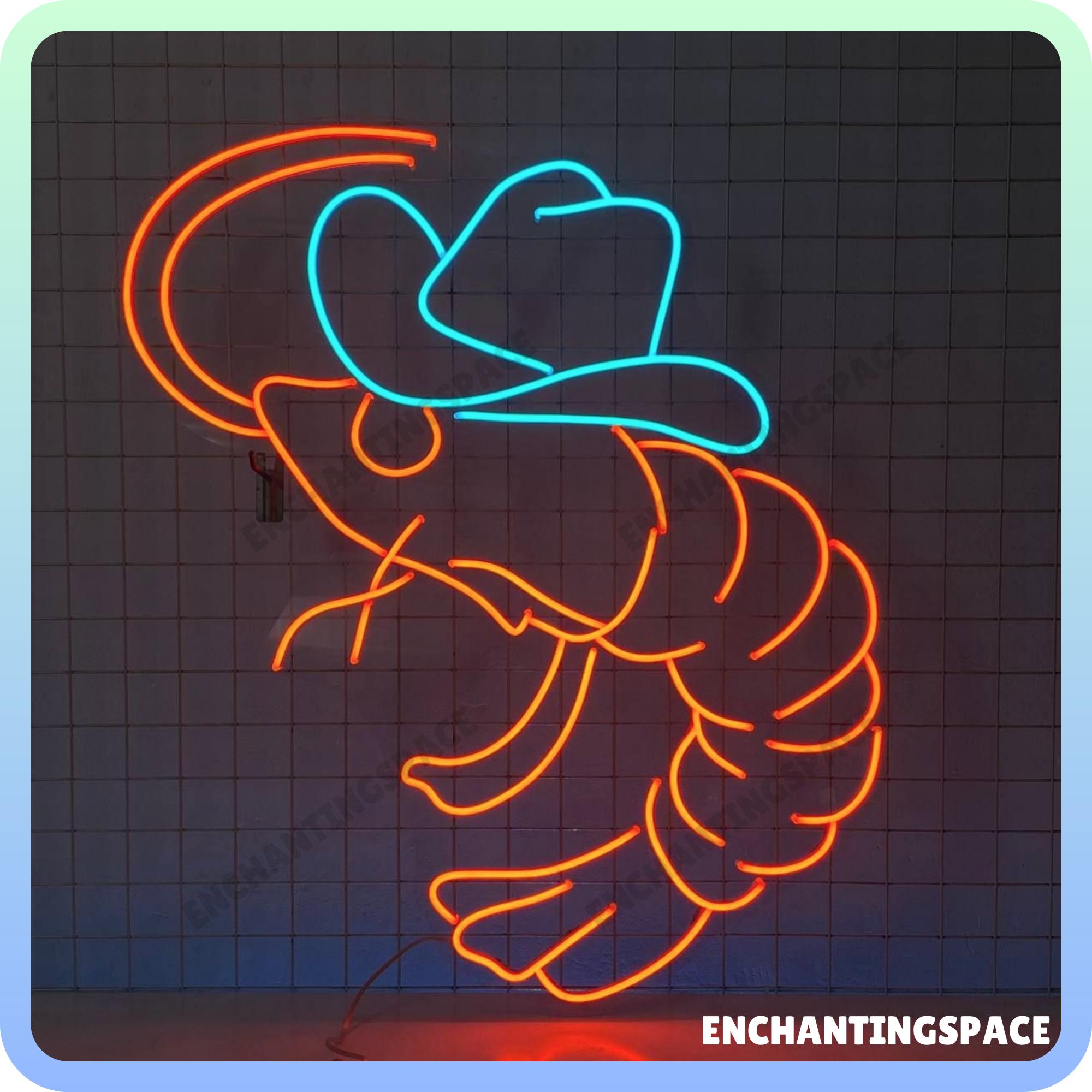 Cowboy Shrimp Neon Sign, Shrimp Cowboy Hat Led Light, Sea Animal Cowboy ...