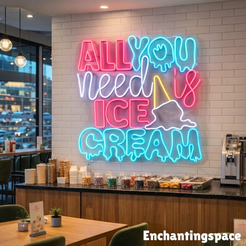 Ice Cream Cone Neon Sign, LED Wall Light for Sweet Shop or Dessert Café ...