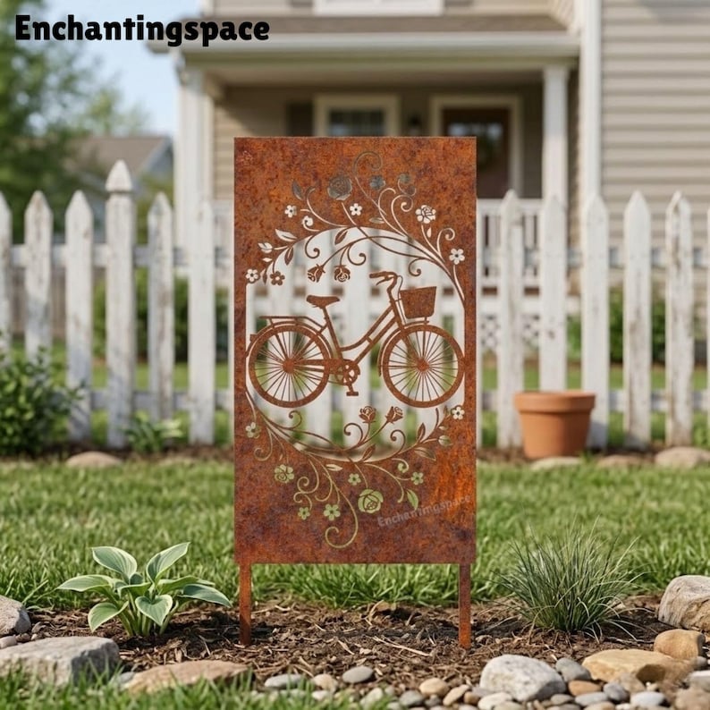 Bicycle Silhouette Metal Garden Panel, Rustic Steel Outdoor Yard Stake ...