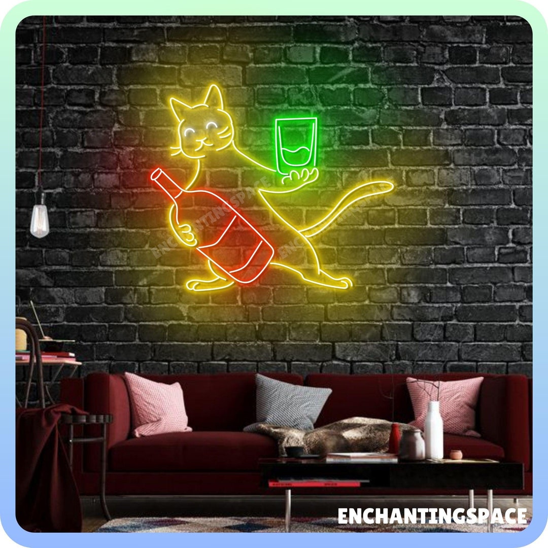 Cat Drinks Red Wine Neon Sign Wall Art, Cat Red Wine Led Sign, Wine Bar ...