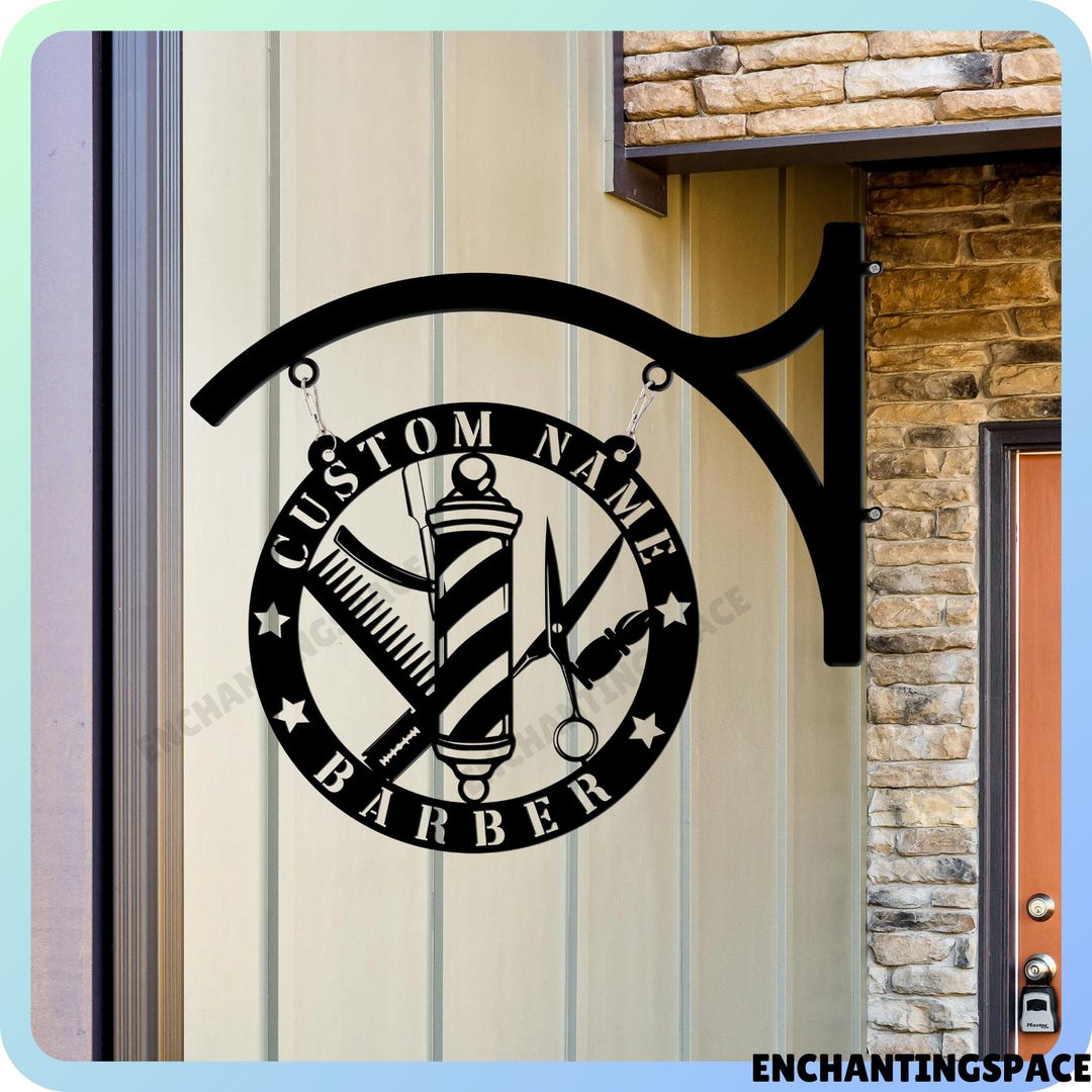 Personalized Barber Pole Metal Hanging Sign, Barber Shop Store Front ...