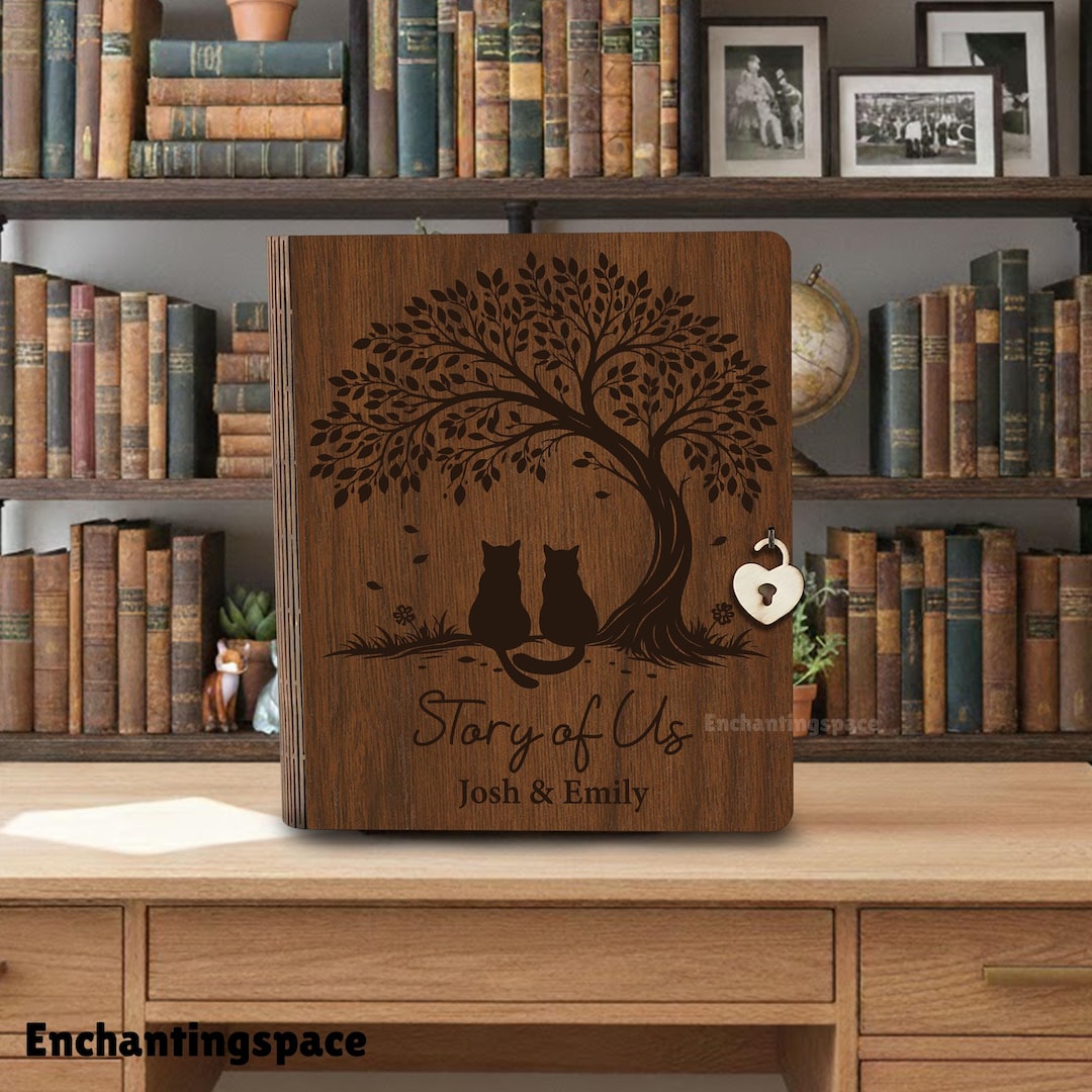 Personalized Engraved Cat Couple Memory Book Box, Wooden Love Story ...