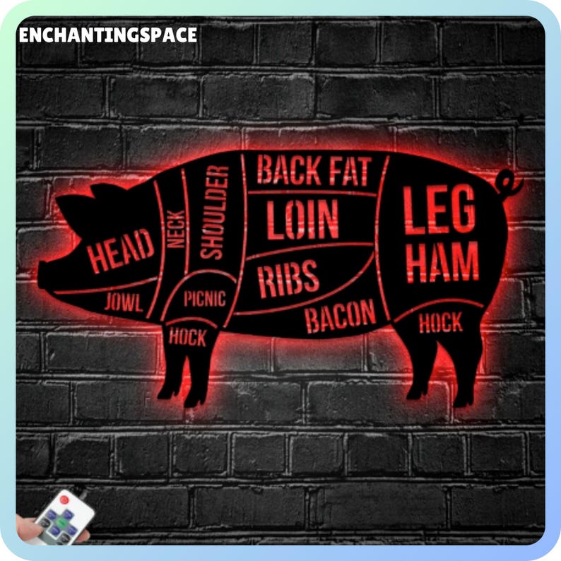 Pig Pork Cuts Metal Wall Art LED Light, Pork Butcher Shop Led Metal ...