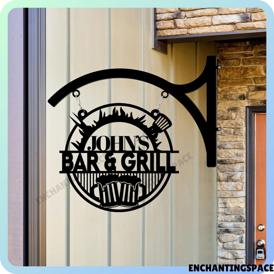 Personalized Hanging Bar Grill Metal Sign, Bar Grill Store Front Sign ...