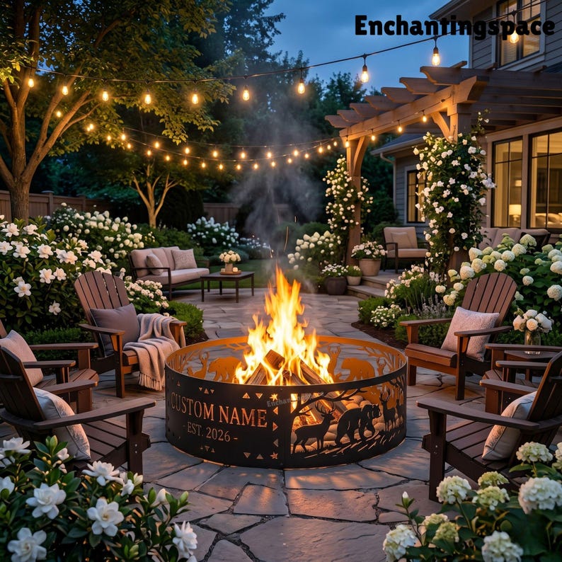 Personalized Bear and Deer Fire Ring, Rustic Outdoor Fire Pit Decor for ...
