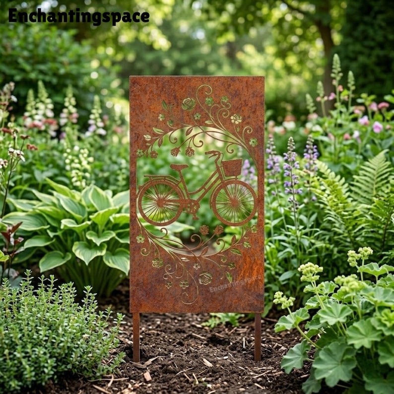 Bicycle Silhouette Metal Garden Panel, Rustic Steel Outdoor Yard Stake ...