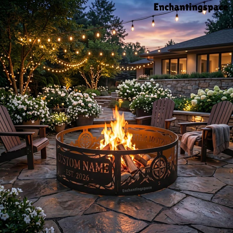 Personalized Mountain Compass Metal Fire Ring, Outdoor Fire Pit Decor ...