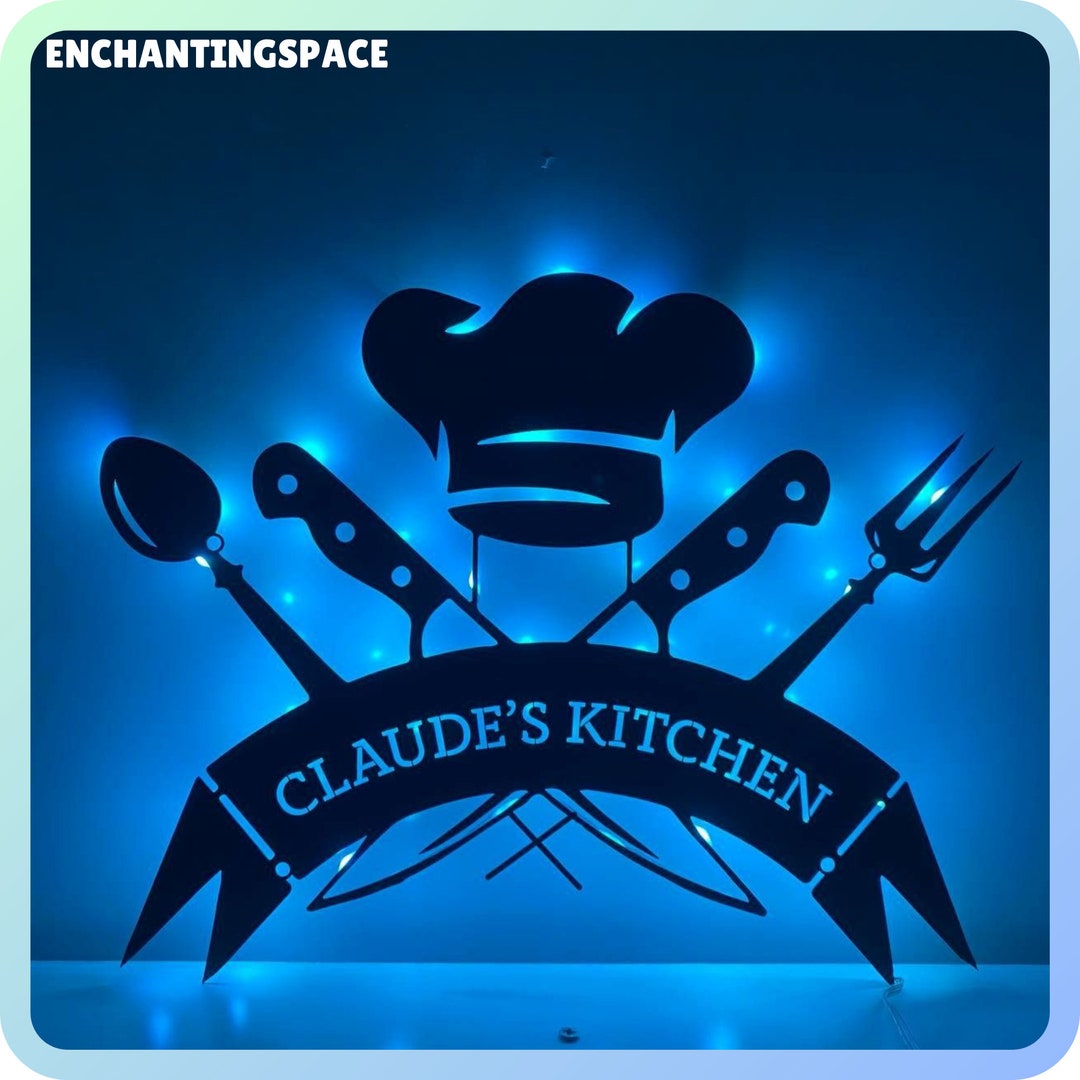 Customized Kitchen Metal Wall Art LED Light, Personalized Chefs Name ...