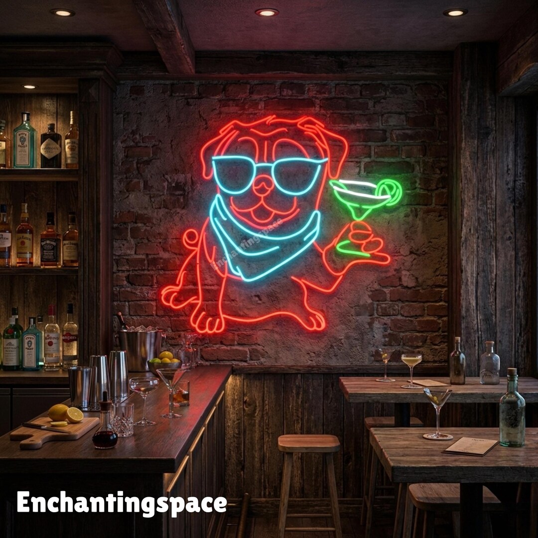Pug With Margarita Neon Sign for Pub, Lounges or Night Bar Decor ...