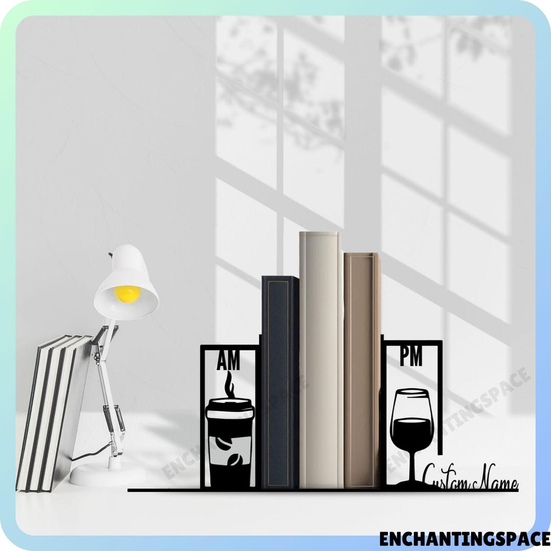 Customized Name AM PM Coffee Wine Metal Bookends, Wine Book Shelf ...