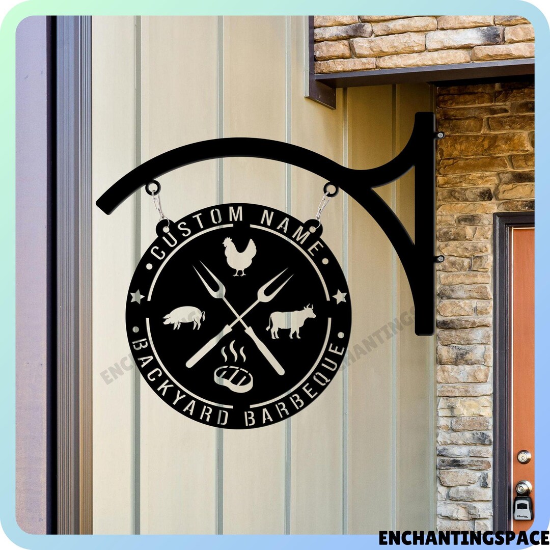 Personalized Backyard Barbeque Metal Hanging Sign, Bar Grill Store ...