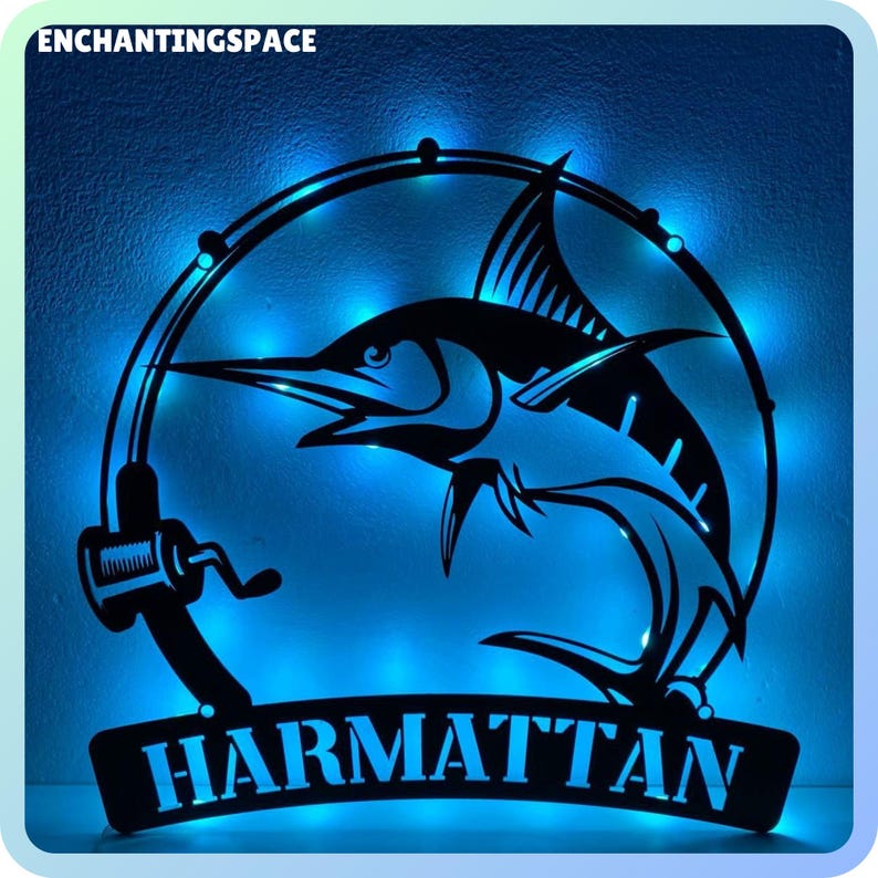 Customized Marlin Fish Metal Wall Art LED Light, Personalized Marlin ...