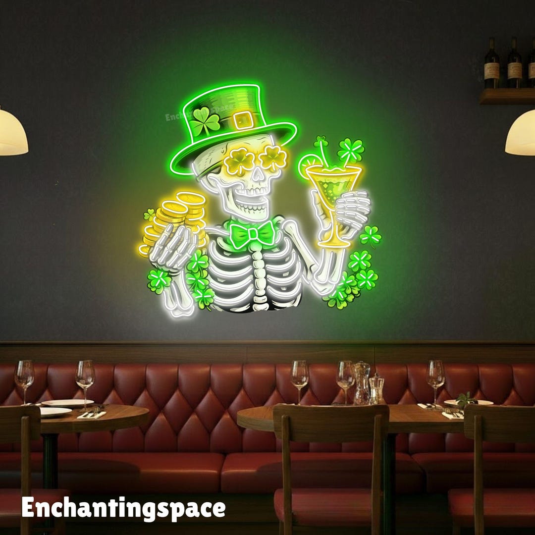 Lucky Skeleton Cocktail Neon Sign, LED Wall Decor for Restaurant, Irish ...