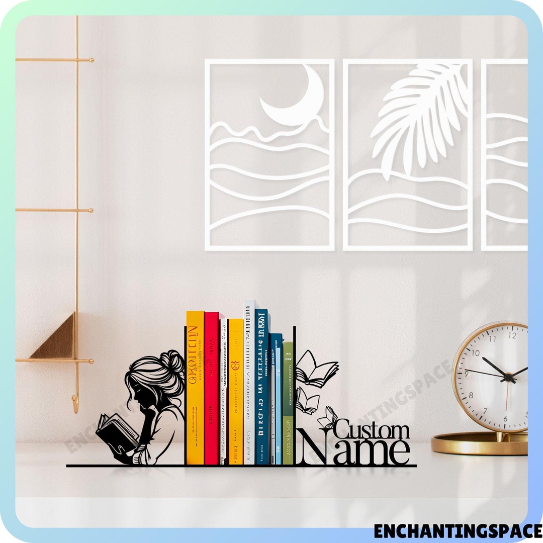 Customized Girl Reading Book Metal Bookends, Girl Name Bookend, Bookish ...