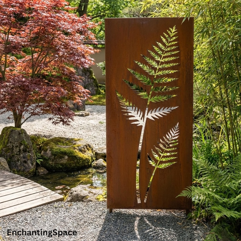 Rust Metal Fern Garden Panel – Outdoor Yard Art Screen, Modern Metal ...
