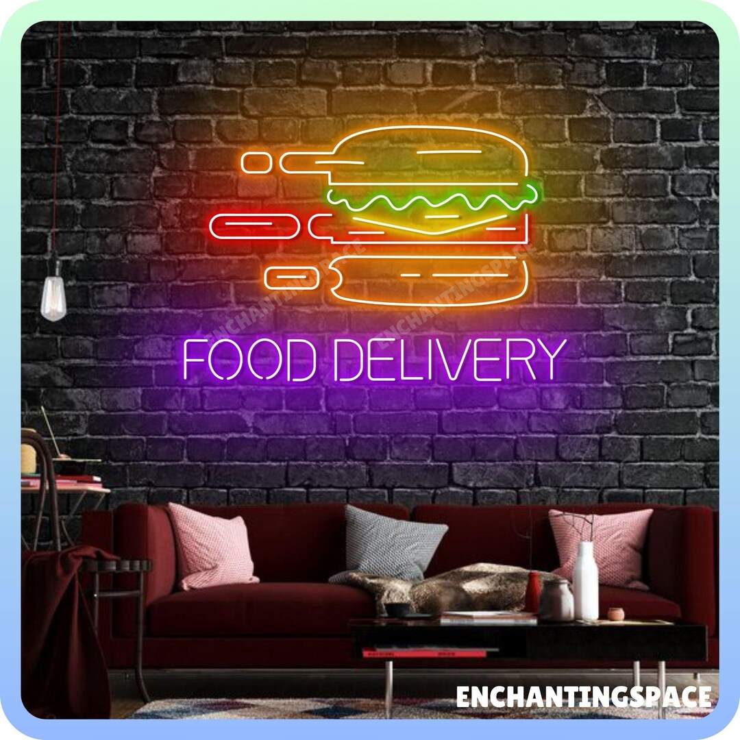 Food Delivery Neon Sign Wall Art, Hamburger Led Sign for Fast Food ...