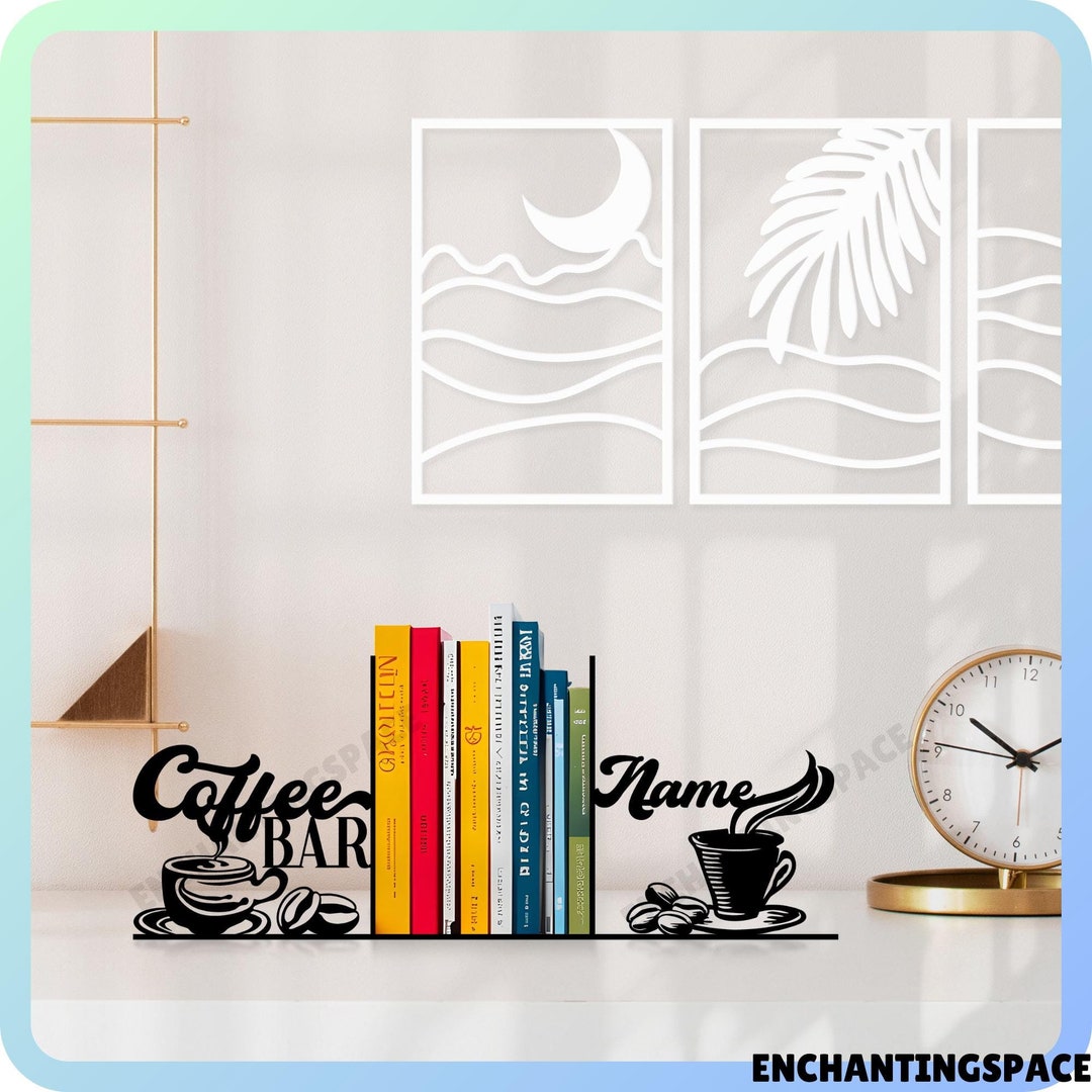 Customized Name Coffee Bar Metal Bookends, Coffee Book Shelf Holder ...