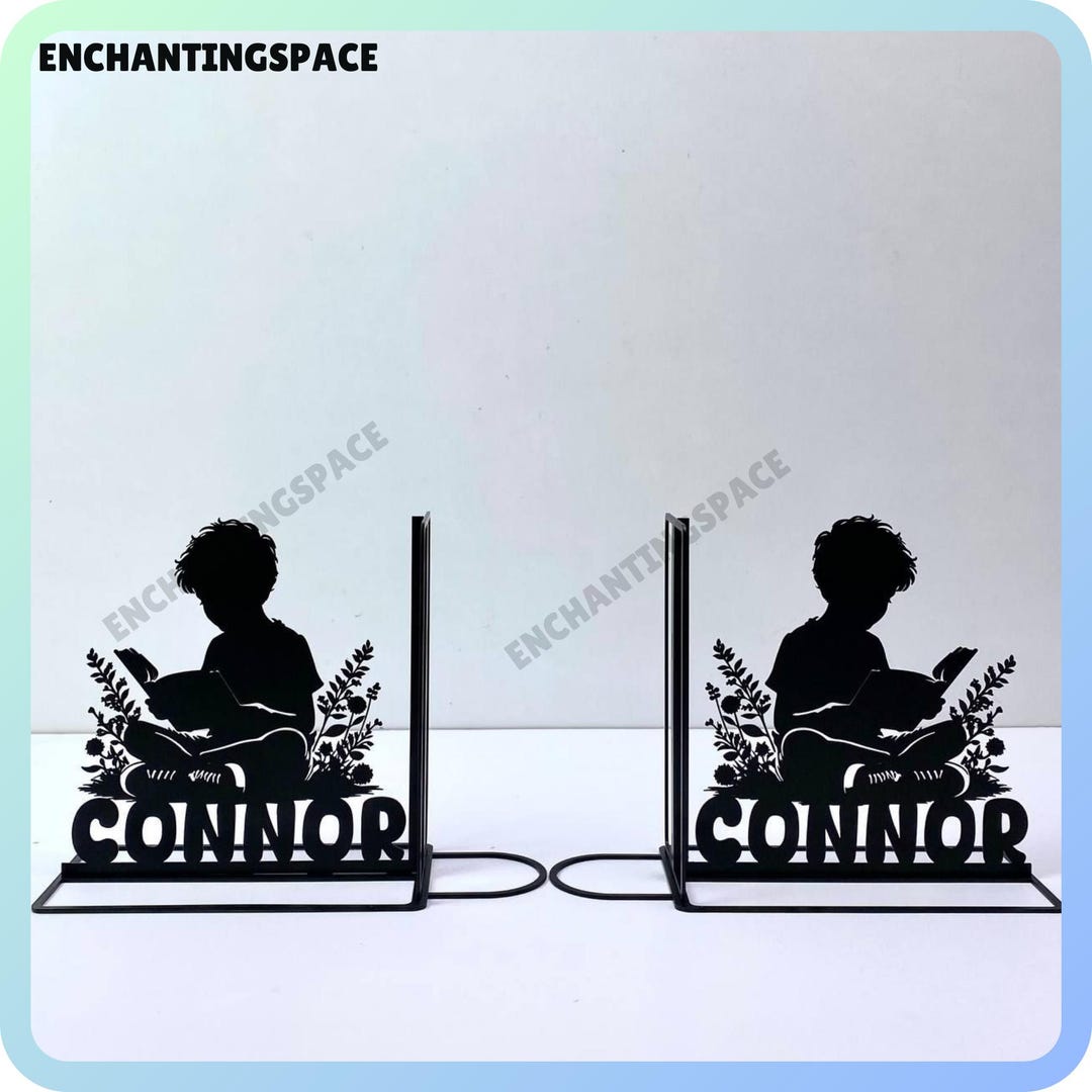 Customized Boy Reading Book Metal Bookends, Boy Name Bookend, Bookworm ...