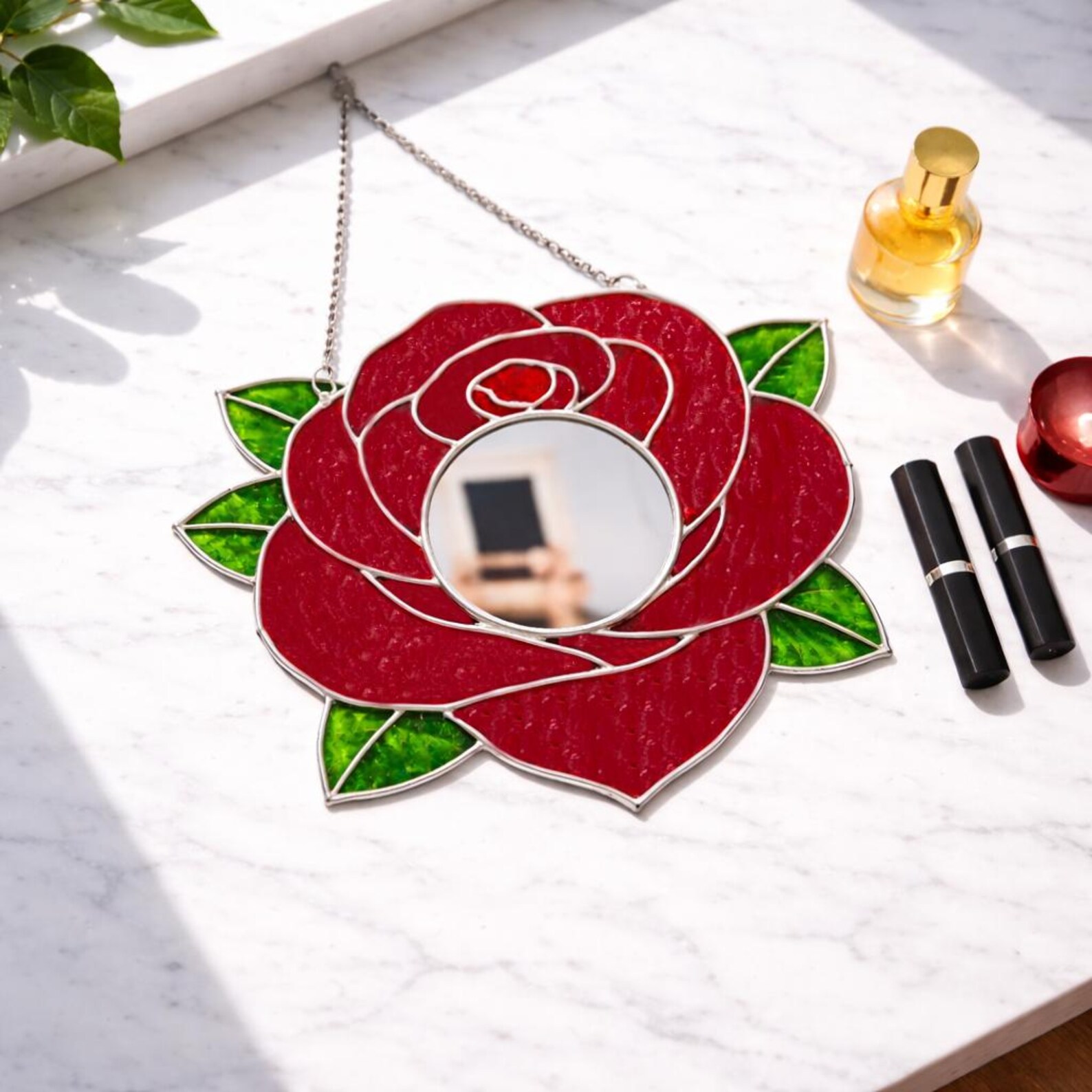 Rose Stained Glass Hanging Mirror, Red Flower Window Glass Art Decor ...