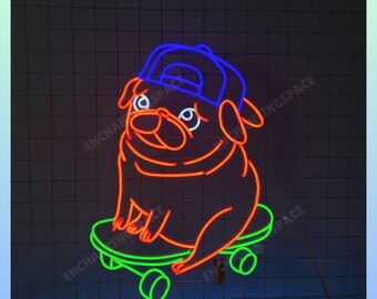 Pug Dog Skateboarding Led Sign, Pug Dog Skateboarding Neon Sign, Custom ...