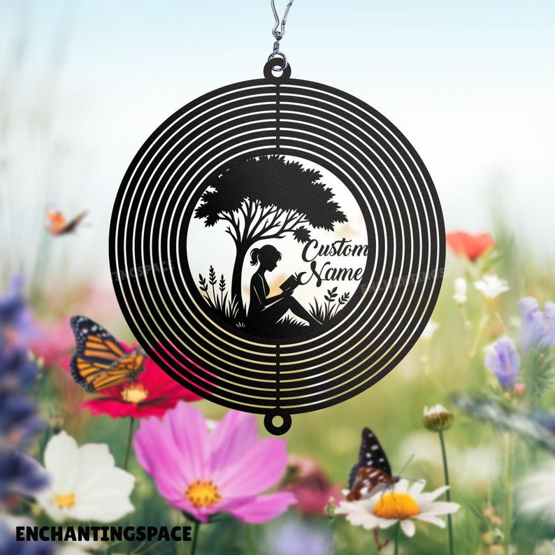 Personalized Girl Reading Book Spinner Hanging Sign, Book Reading Wind ...