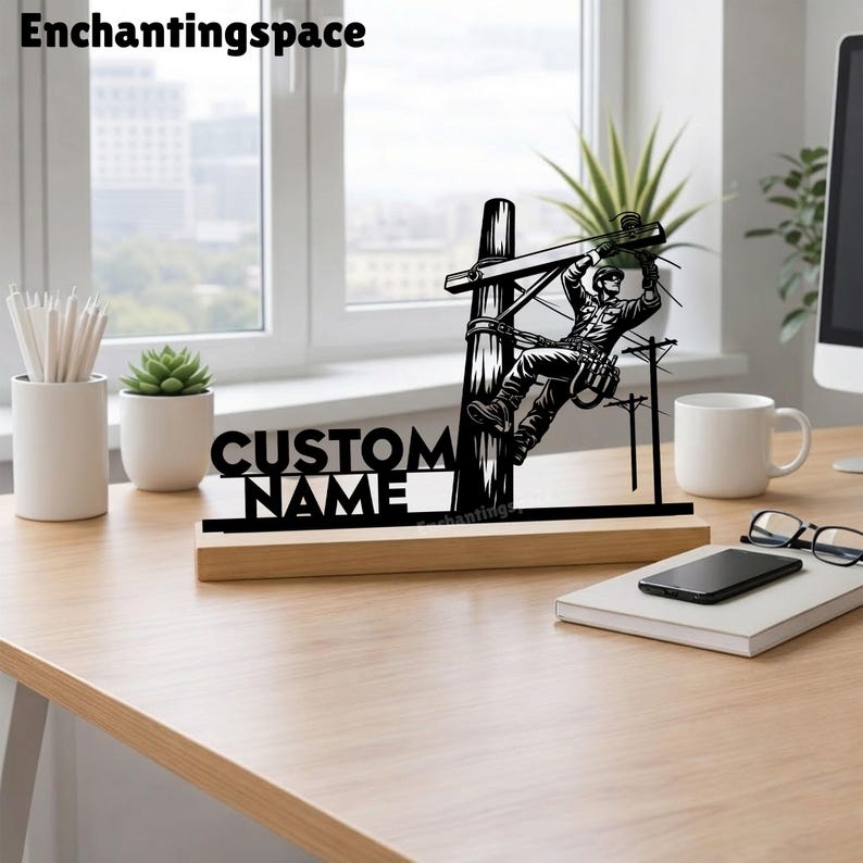 Customized Lineman Silhouette Metal Desk Sign, Electrician Steel Table ...