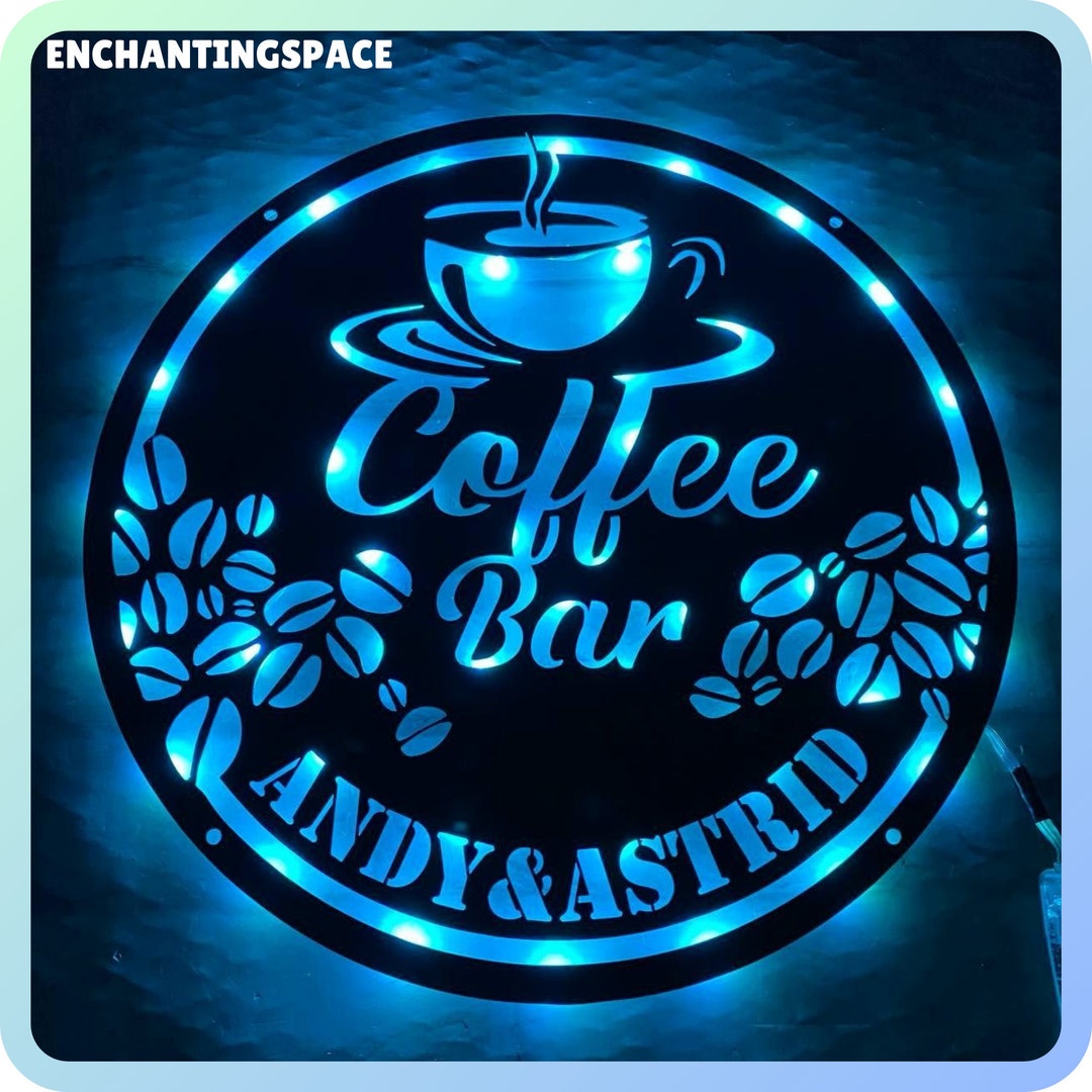 Customized Coffee Bar Metal Wall Art LED Light, Coffee Store Metal LED ...