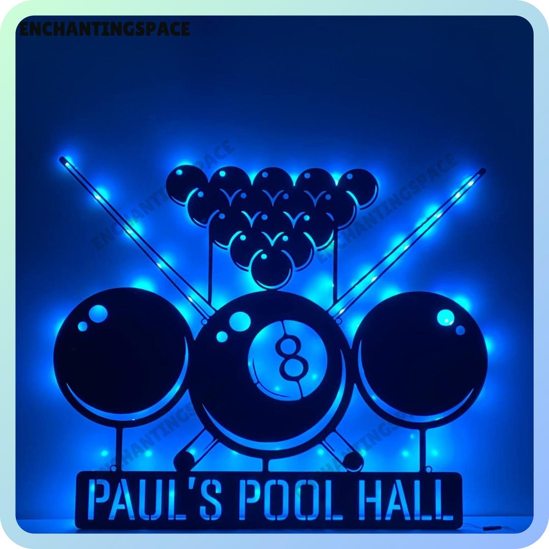 Customized Pool Hall Metal Wall Art LED Light, Personalized Pool Metal ...