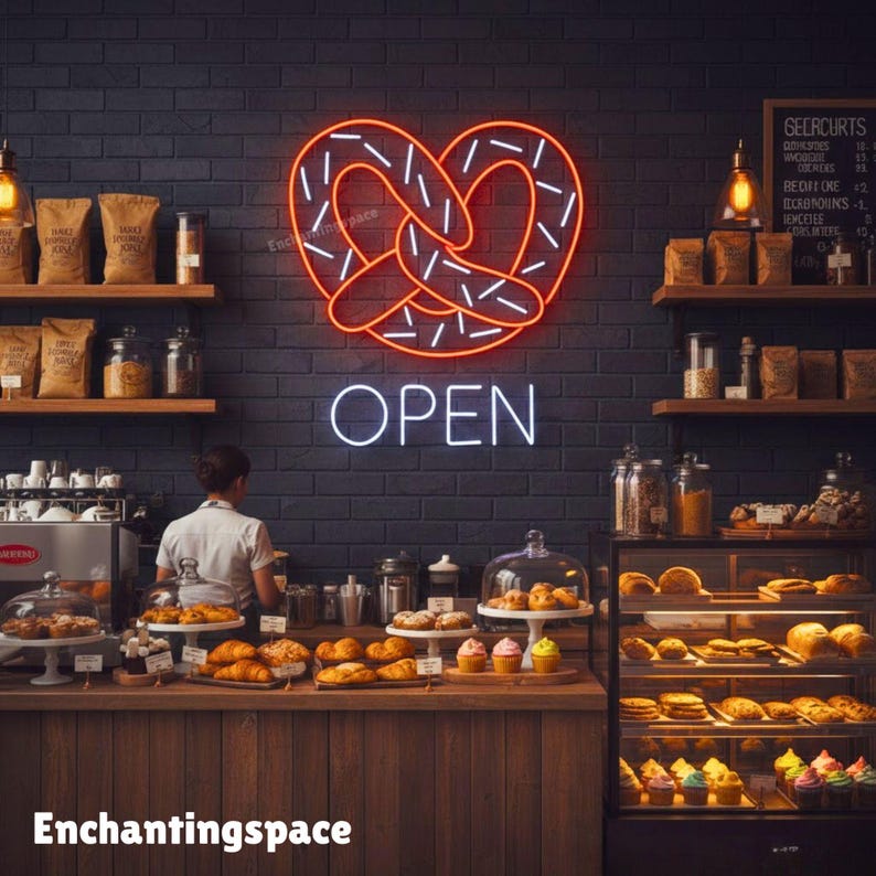 Open Pretzel Bakery Neon Wall Light, Glowing LED Sign for Pastry Shop ...
