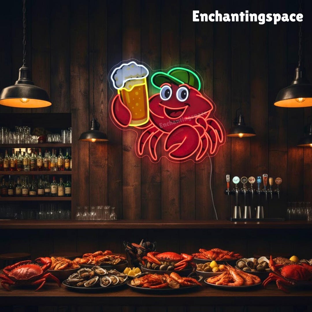 Crab With Beer Neon Sign, Glow Acrylic Artwork for Bar, Pub or Dinner ...