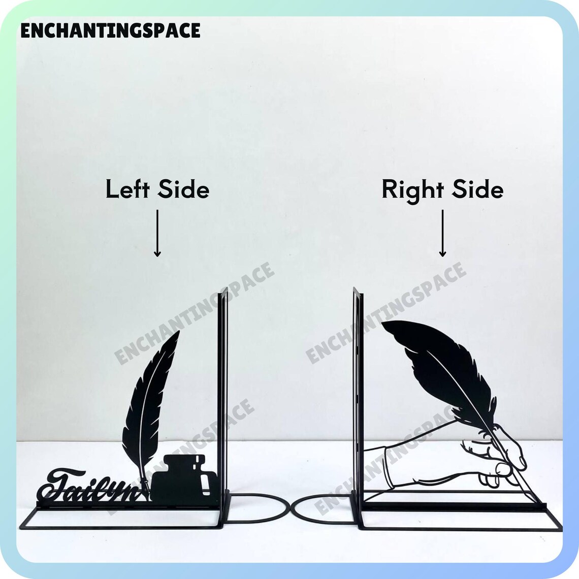 Customized Feather Pen Metal Bookends, Writer Name Book End, Feather ...