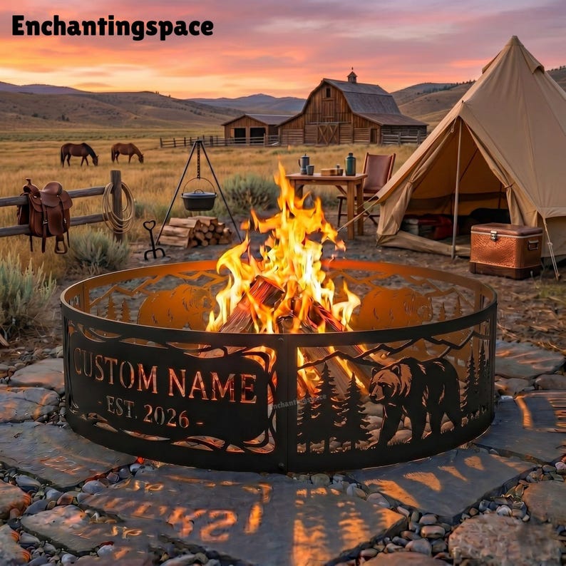 Personalized Woodland Bear Fire Ring, Rustic Mountain Campfire Pit for ...