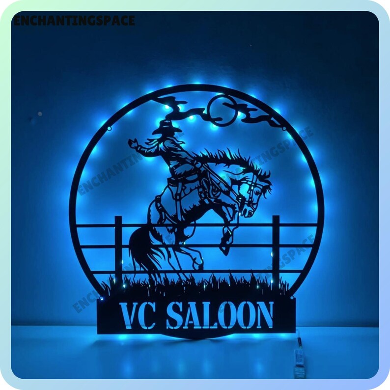 Customized Cowboy Riding Horse Metal Wall Art LED Light, Rodeo Led ...
