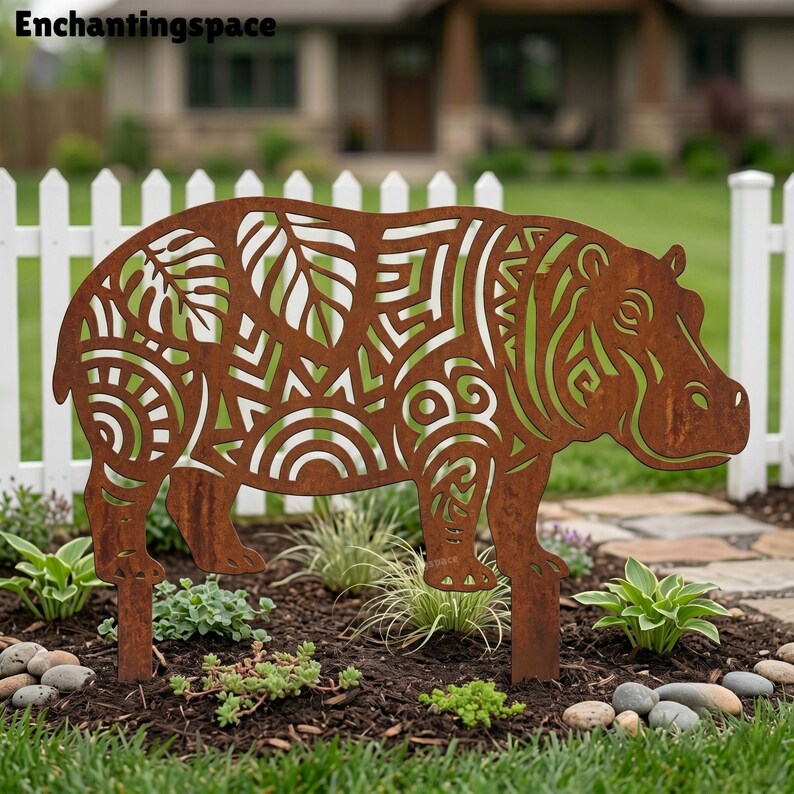 Tropical Hippo Silhouette Metal Stake, Weathered Steel Outdoor Patio ...