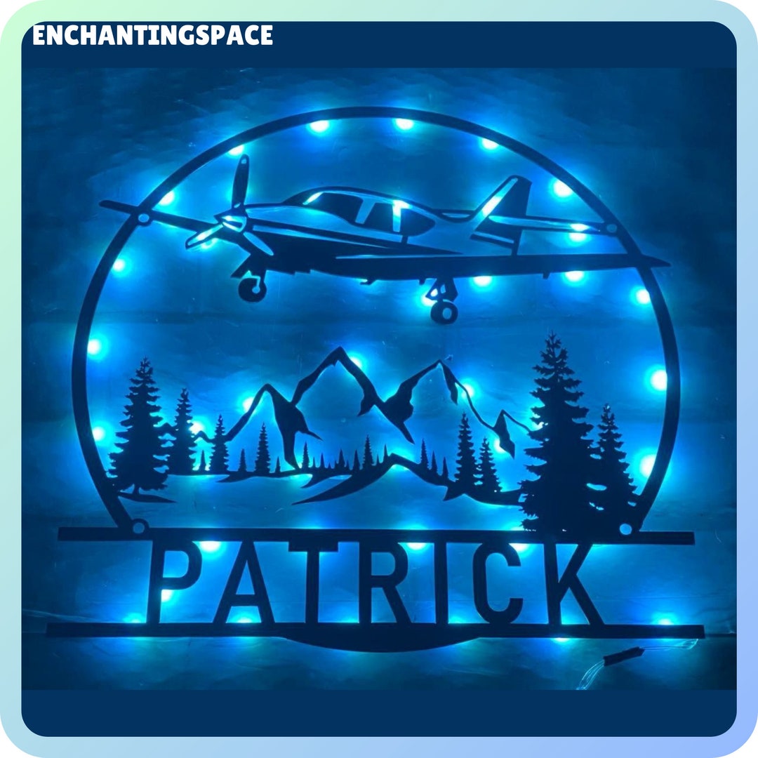 Customized Airplane Metal Wall Art LED Light, Personalized Pilot Name ...