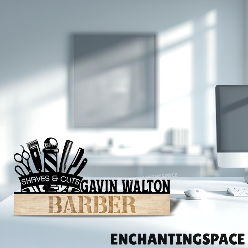 Custom Barber Metal Name Plate for Office Desk, Hairdresser Wooden Desk ...