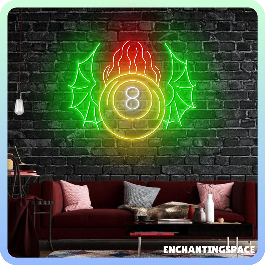 8 Ball Bat Wings Neon Sign, 8 Ball Flaming Led Sign Wall Art, Billiards ...