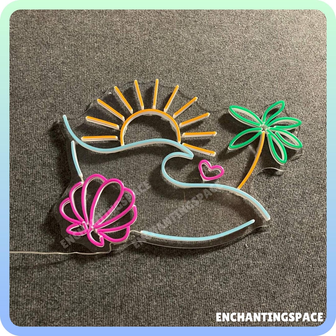 Beach Landscape Neon Sign, Seashell Palm Tree on Beach Neon Light ...