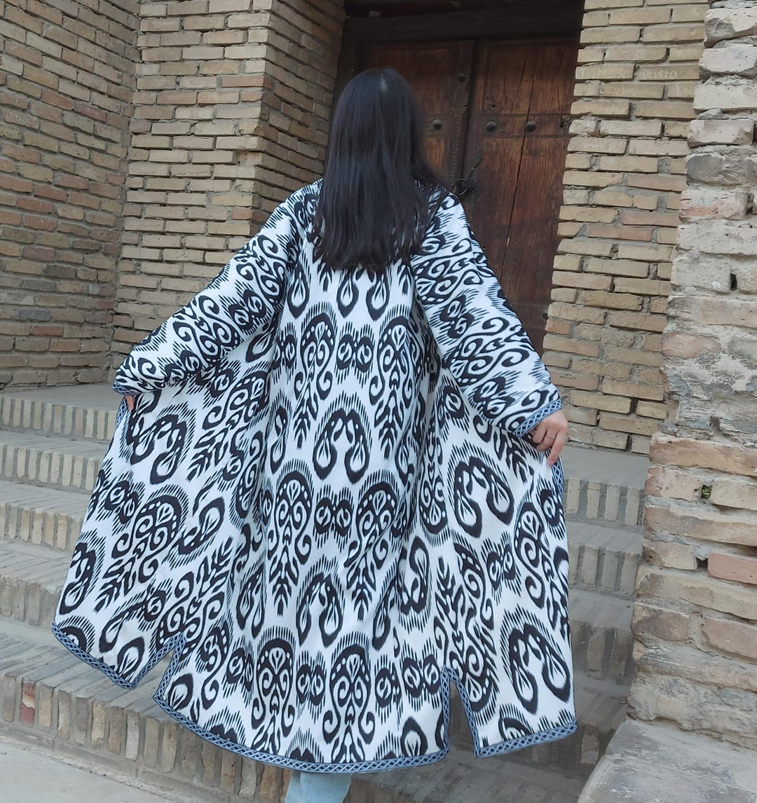 Black Uzbek Ikat Kimono Robe: Cotton Blend Kaftan Cover-up - Etsy